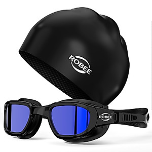 Robee Swim Goggles Silicone Swimming Cap and Carrying Case, Polarized Pool Goggles for Adult Men Women Youth