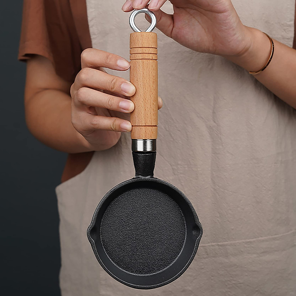 UPTALY 4.1 inch Mini Cast Iron Skillet, Omelet Pans, No Coating, Physical Non Stick Pan, Japanese Omelette Pan, Small Frying Pan with Wood Handle, Black Miniture Skillet for Baked Cookie/Brownie