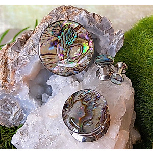 Lobal Domination PAIR Abalone Inlay Steel Screw Fit Plugs Tunnels Earlets Gauges Pierced Body Jewelry (6g (4mm))