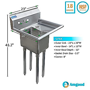 One Compartment Stainless Steel Commercial Kitchen Prep & Utility Sink with 10” Right Drainboards | Bowl Size 10" x 14" X 10" | NSF
