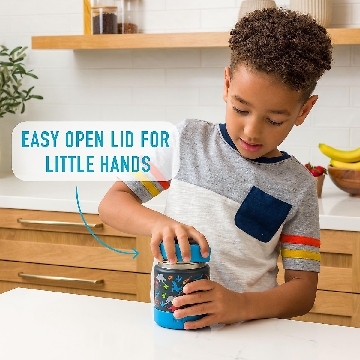 Bentgo Kids Stainless Steel Food Jar - 11oz Leak-Proof Double Insulated Hot or Cold Food Container with Removable Silicone Bumper, Dishwasher Safe, Easy Open Lid, Ages 3+ (Dinosaur)