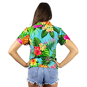 KING KAMEHA Women's Summer-Party-Blouses-Shirts Short-Sleeve, Pineapple, Turquoise, L