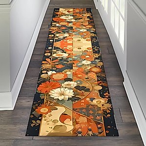 USHIRUG Floral Runner Rug, 1.3x7ft, Vintage Brown and Yellow Floral Rug, Featured Area Rug for Entrance Bedroom, Non-Slip Washable Runner Rug for Hallway Dining Room Laundry Room