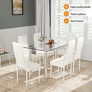 Bonnlo Dining Table Set for 6,Kitchen Table and Chairs for 6,Small Dining Room Table and 6 PU Leather Chairs for Small Place,Metal Frame,Clear&White