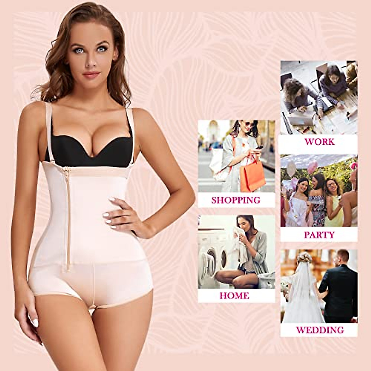 Nebility Bodysuit for Women Slim Waist Trainer with Full Body Zipper Latex Shapewear with Open Bust Corset (Medium,Beige)