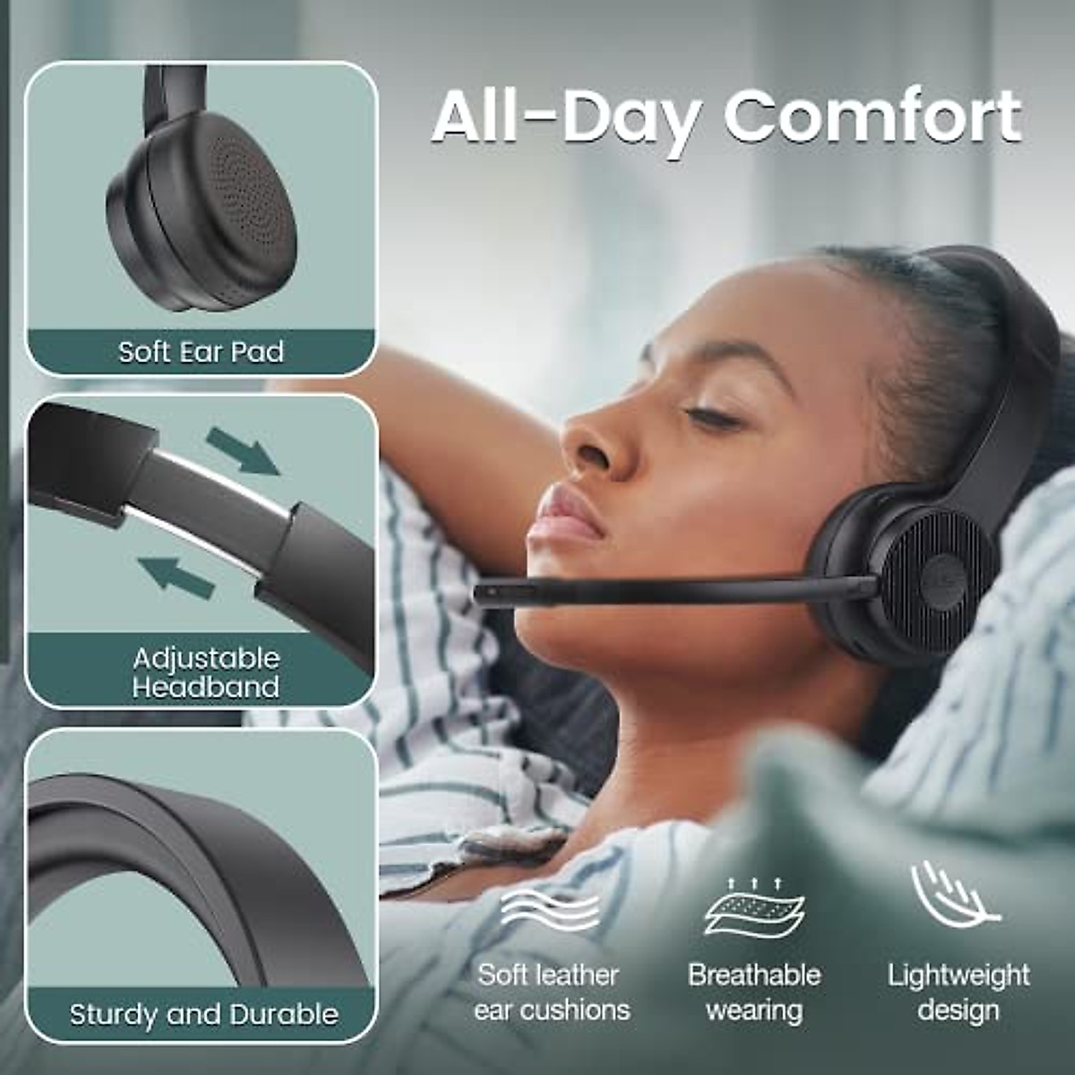 Bluetooth Headset V5.2, Wireless Headset for PC with AI Environmental Noise Cancelling Microphone (ENC), 2.4G USB Adapter, 55Hours Playtime, Stereo, Calls/Music Mode, On Ear Computer Headphones