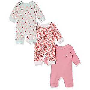 Amazon Essentials Baby Girls' Long-Sleeve Coveralls, Pack of 3, Pink, Berry, 12 Months