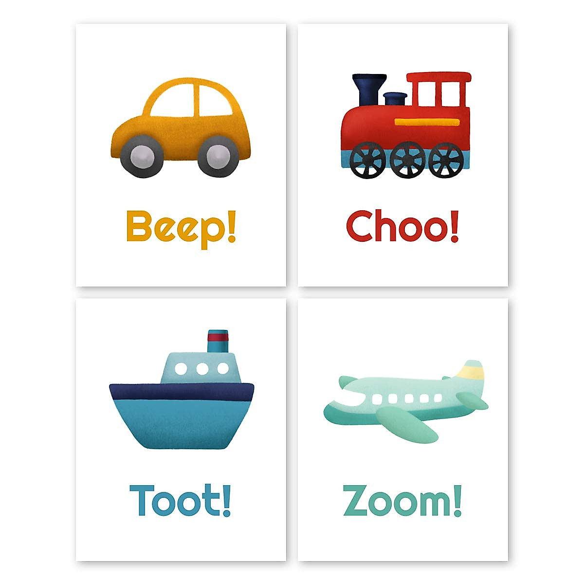 unoXdos Set of 4 Cute Transportation Posters 8" X 10" Unframed | Nursery Decorations | Baby Nursery Hanging | Kids Room Decor | Car Train Ship Airplane | Boy Room Decor