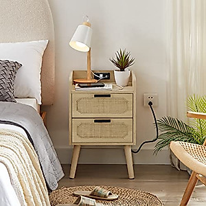 2 PC Nightstands with 2 Natural Rattan Decorated Drawers, Bedside End Table Side Table with 2 AC Outlets & 2 USB Ports, Solid Wood Legs & Particle Board Frame, Natural