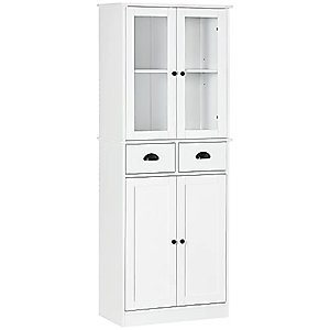HOMCOM 61" Freestanding Kitchen Pantry, Traditional Style Storage Cabinet with Soft Close Doors, Adjustable Shelves, and 2 Drawers, for Living Room, Dining Room, White