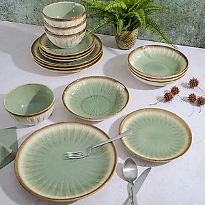Gibson Elite Mayfair Bay Embossed Double Bowl Dinnerware Set, Service for 4 (16pcs), Green