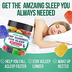 Hemp Emu Hemp Gummies for Sleep - Fall Asleep Faster, Stay Asleep Longer - 10mg Melatonin + Premium Hemp Extract, 2 Gummies Per Serving - 60 Count Fruit Flavored Gummies