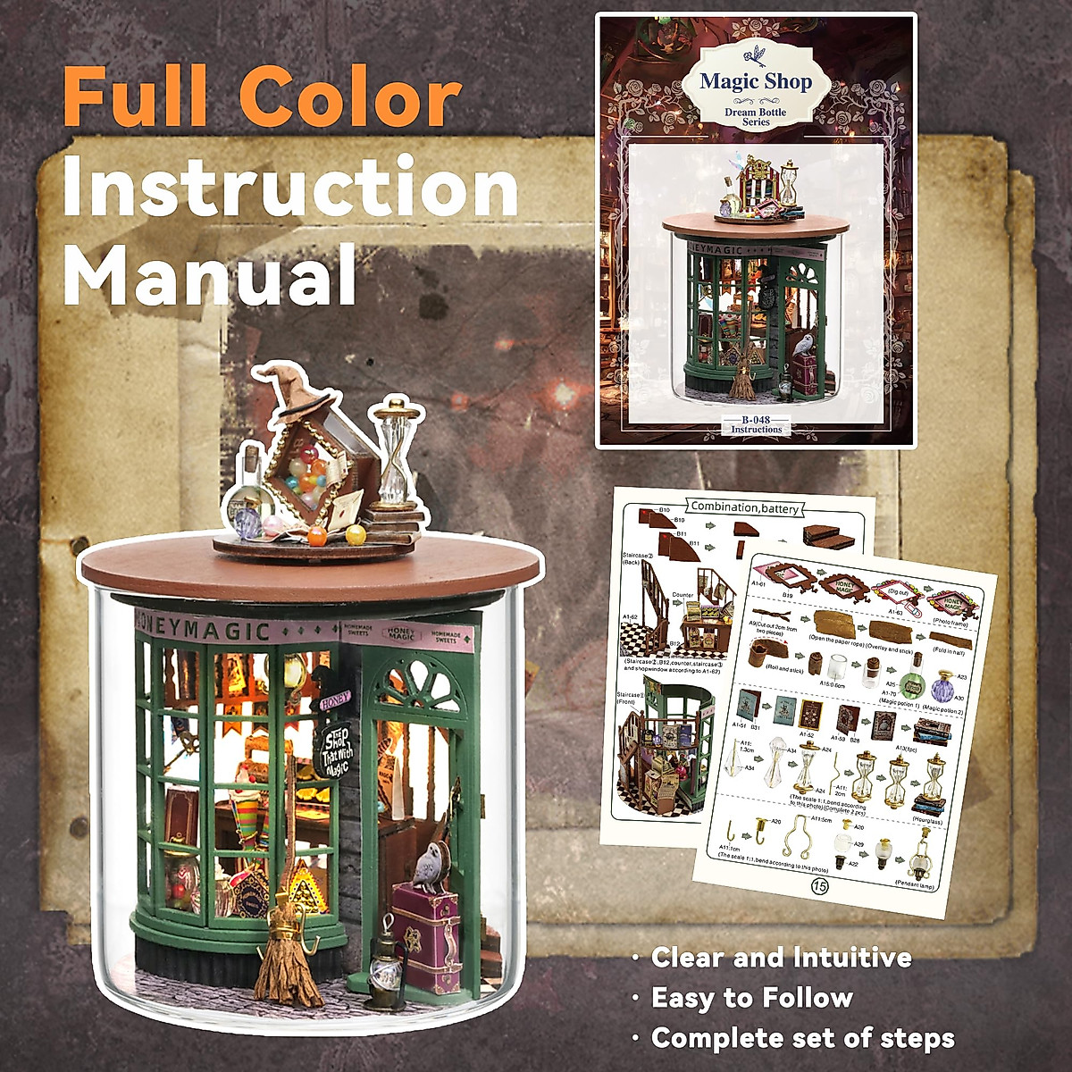 Flever Dollhouse Miniature DIY House Kit Creative Room Dream Bottle Series with Furniture for Romantic Valentine's Gift (Magical Shop)