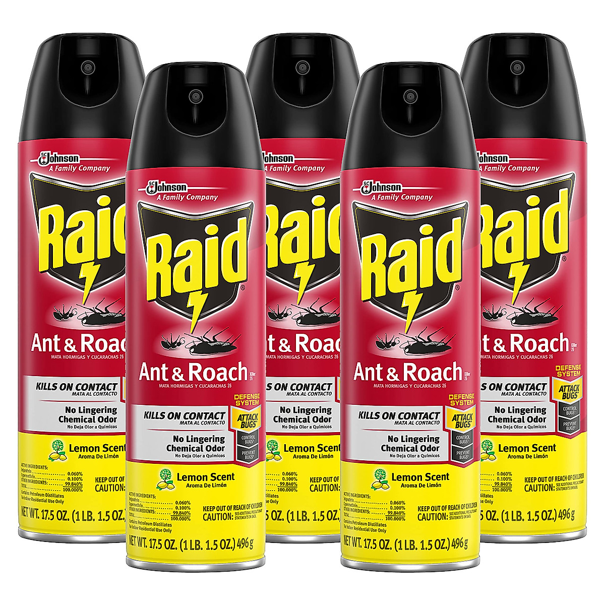 Raid Ant & Roach Spray Defense System, Lemon Scent, Attacks Bugs & Kills on Contact for up to 4 Weeks, No Lingering Chemical Odor, 17.5-Ounce (Pack of 5)