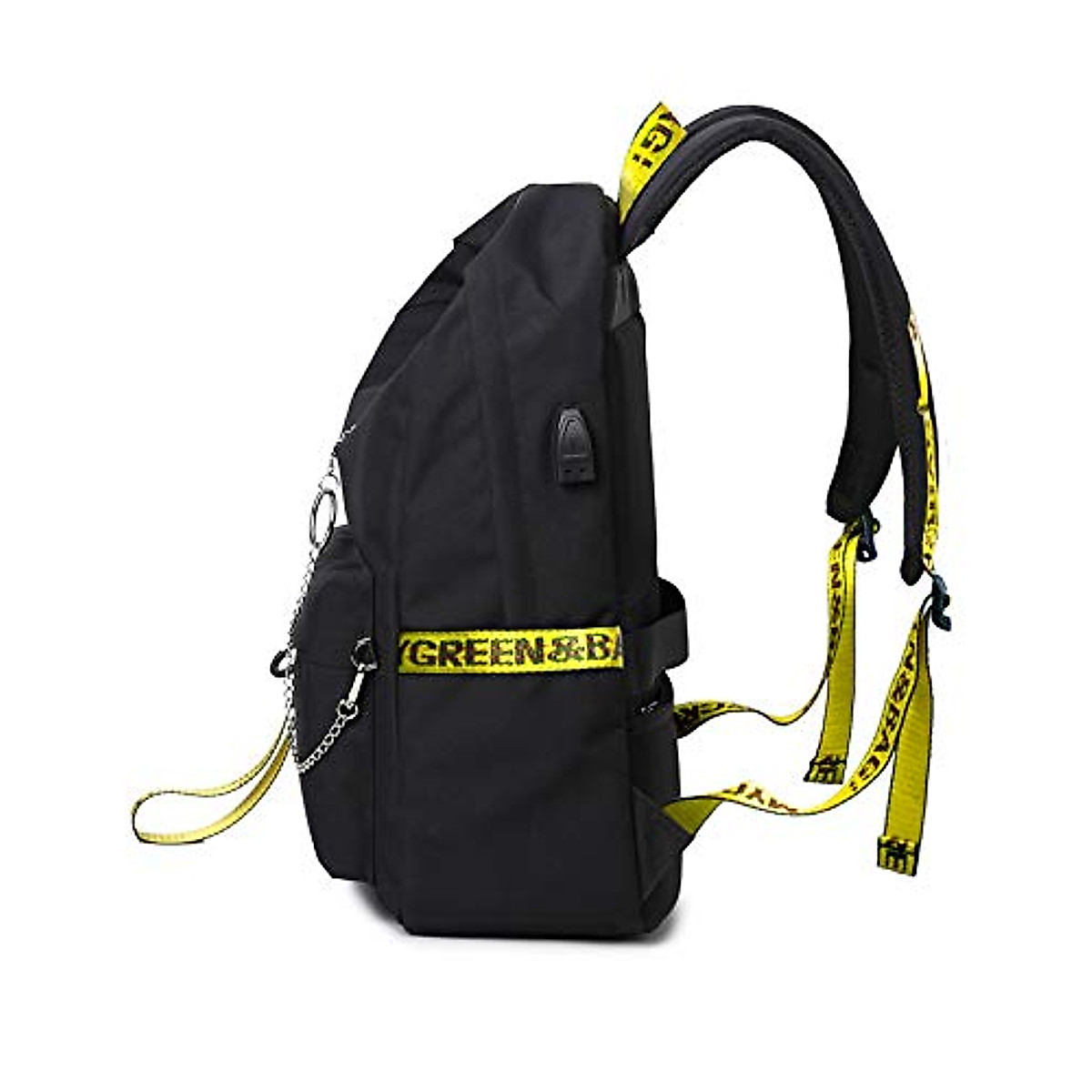 El-fmly Fashion Backpack with USB Charging Port for Travel, Lightweight School Bookbags with Cool Letters Strap for Teenage Girls & Women (Black+Grey)