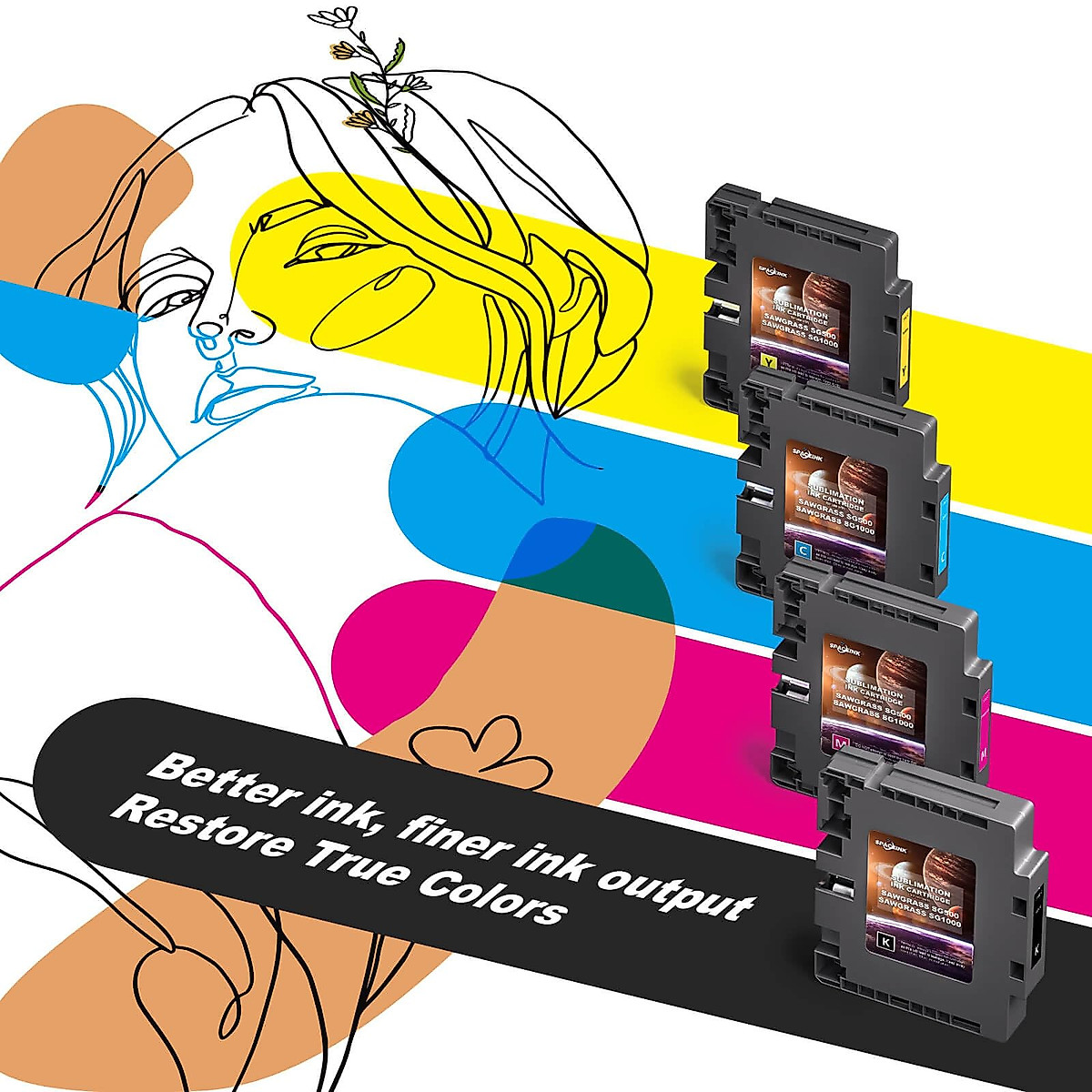 Spaceink SG500 SG1000 Sublimation Ink Cartridges for SAWGRASS Virtuoso SG500 SG1000 Printers - Upgraded Firmware 3.03 - (1*Black, 1*Cyan, 1*Magenta, 1*Yellow)