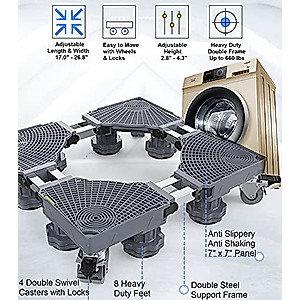 Mini Fridge Stand Mobile Base With 4 Locking Refrigerator Wheels And 8 Strong Feet For Washer Dryer Washing Machine Stand Pedestal, Refrigerator Stand, Adjustable Appliance Dolly Square, Moving Roller