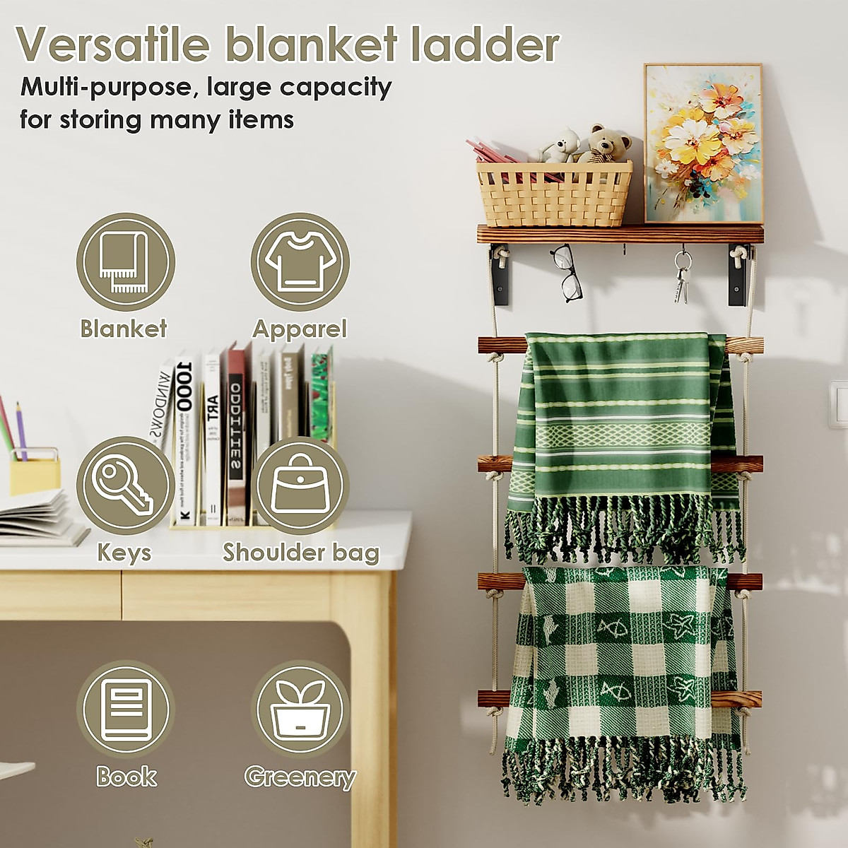 Delywh 5 Tier Wall Blanket Ladder Floating Shelves, with Rustic Rope Wooden Blanket Storage, Throw, Towel, Quilt Rack for The Living Room, Bathroom, Bedroom, Farmhouse Wall Blanket Holder, Brown