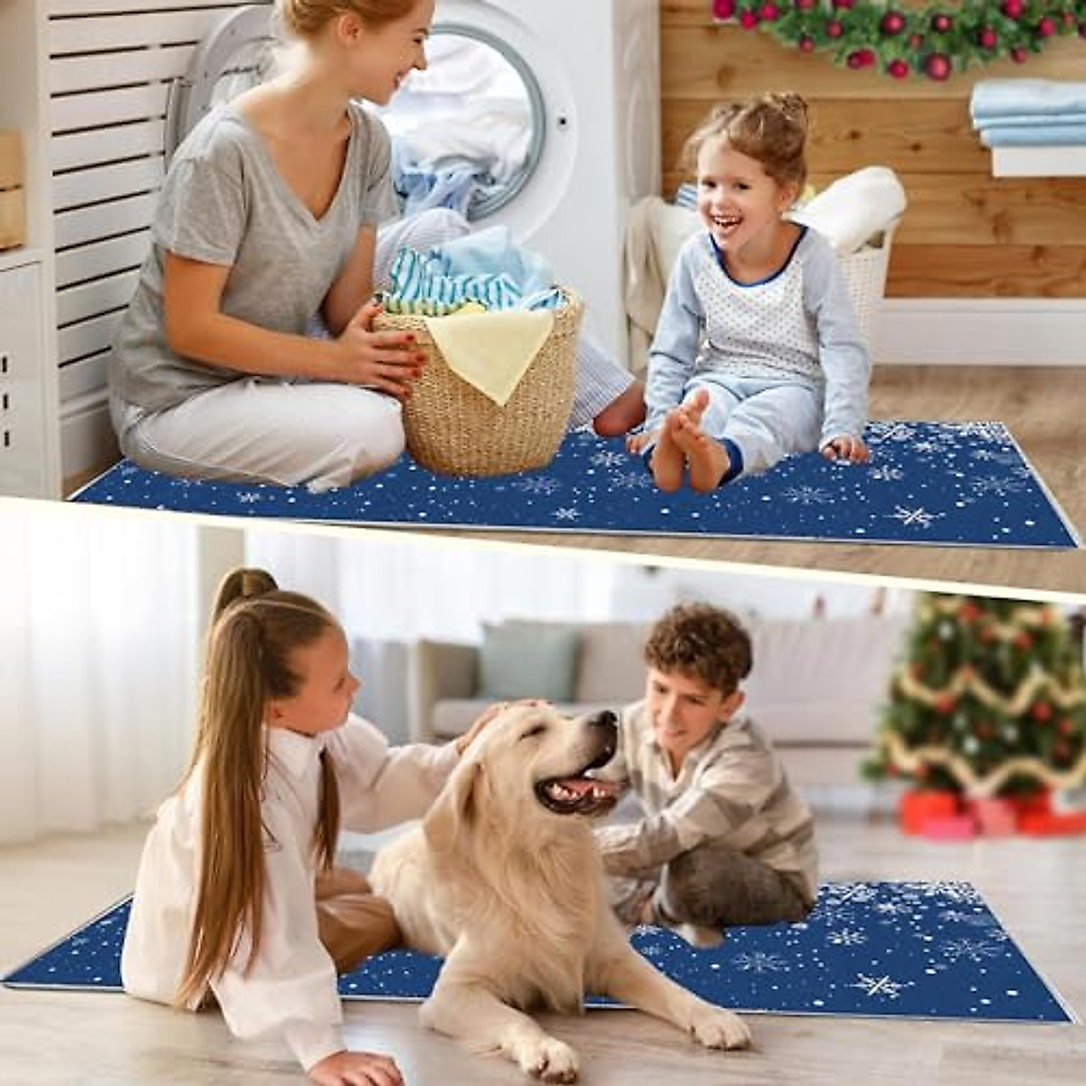 Christmas Kitchen Rugs and Mats Set of 2, Non-Slip Blue Snowflake Rugs Kitchen Mats Snowflake Doormat for Winter Holiday Kitchen Decorations Washable Runner for Xmas Home Decor (17"x47"+16"x24")