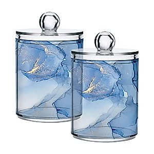 2 Pack Qtip Holder Organizer Dispenser Blue Marble Ink Modern Fluid Art Bathroom Storage Canister Cotton Ball Holder Bathroom Containers for Cotton Swabs/Pads/Floss