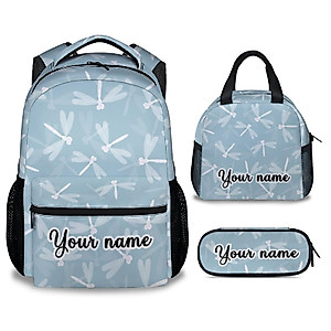 AIOMXZZ Personalized Dragonfly Backpack with Lunch Box Set for Girls, 3 in 1 School Backpacks Matching Combo, Cartoon Green Bookbag And Pencil Case Bundle