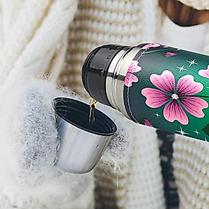 Pink Flower Green Leaves Stainless Steel Water Bottle Leak-Proof, Double Walled Vacuum Insulated Flask Thermos Cup Travel Mug 17 OZ