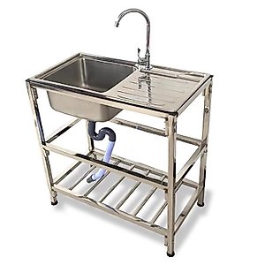 CcacHe Free Standing Kitchen Stainless Steel Utility Sink Set with Faucet for Laundry Room/Backyard/Garage Portable Outdoor Camping Sink Laundry Sink Dish Washing Station with Hose Hook Up