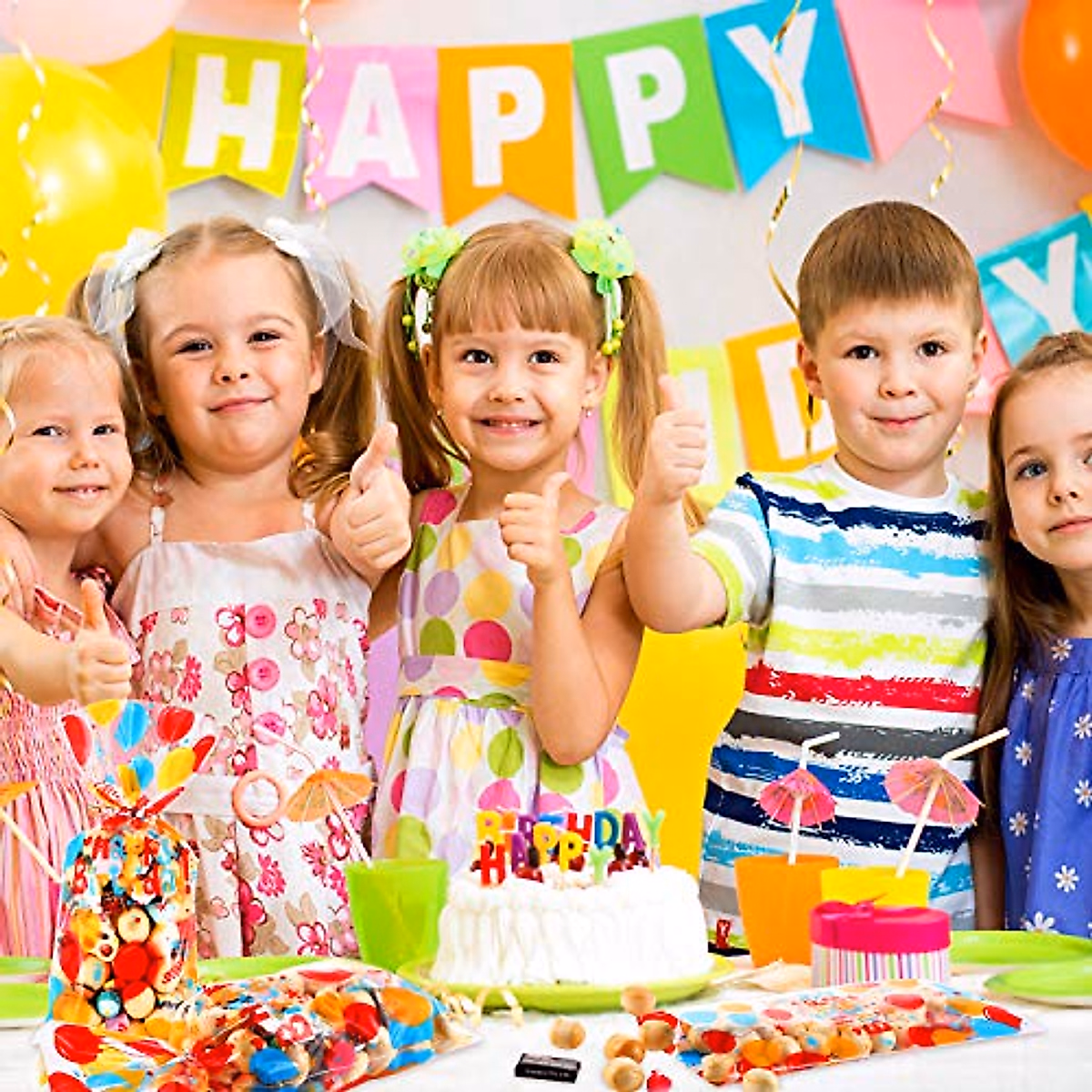 100 Pieces Birthday Party Treat Bags Bright Balloon Print Clear Plastic Cellophane Candy Goodie Gift Bags with 100 Pieces Silver Twist Ties for Birthday Party Decorations