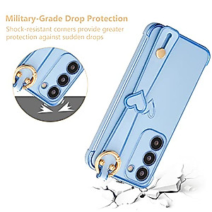 ZTOFERA Samsung Galaxy S23 5G Case with Kickstand,Luxury Cute Plating Edge Love Hearts Pattern Wrist Strap Finger Holder for Girls Women,Soft Shockproof Cover for Galaxy S23 6.1",Blue