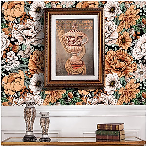 HAOKHOME 93191 Vintage Peel and Stick Floral Wallpaper Removable Large Peony Black/Orange/Pink Vinyl Self Adhesive Mural 17.7in x 9.8ft