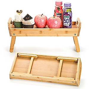 AVLA 2 Pack Bamboo Serving Platter, Serving Board on Stand, Party Raised Serving Appetizer Tray, Decorative Dessert Table Display Shelf Organizer, Cheese Charcuterie Boards Riser with Handle
