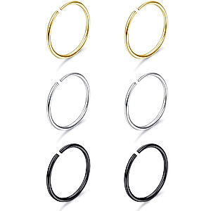 Sllaiss 6Pcs Sterling Silver 22G Nose Ring Hoop 8MM Cartilage Earrings 14K White Gold Black Plated Labret Conch Piercing Jewelry