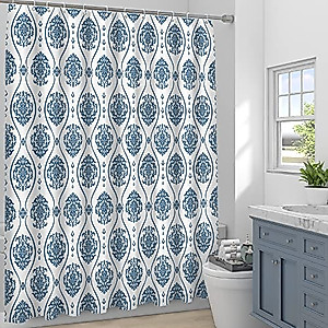 SUMGAR Boho Damask Flowers Shower Curtain Blue and White, Retro Ogee Pattern Bathroom Curtains, Classic Paisley Totem Moroccan Beach Fabric Shower Curtains Set with Hooks 72x72 Inches