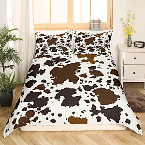 Erosebridal Brown Cowhide Comforter Cover Western Animals Duvet Cover,Black White Longhorn Highland Cow Skin Bedding Set Animal Hide Fur Hair Spot King Bed Set,Cowboy Farmhouse Room Decor