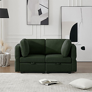 mikibama Convertible Modular Sectional Loveseat Sofa, 62" Modern Upholstered Fabric Couch with Storage Seats, Adjustable Arms and Backs, 2 Seater Sofa for Living Room Bedroom Apartment, Green