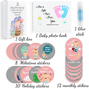 Baby Milestone Stickers Boy Girl - Premium Set of 30 Newborn Infant Monthly Growth Stickers - 1 Photo Album Memory Registry Cute Baby Shower Gift Birthday- Baby Memory Book with Keepsake Box for Mommy