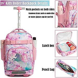 Egchescebo Kids Rolling Unicorn School Backpack for Girls Luggage Suitcase With Wheels Trolley Wheeled Backpacks for Travel Bags 18' 3PCS Girls Unicorn Backpack With Lunch Box Pink