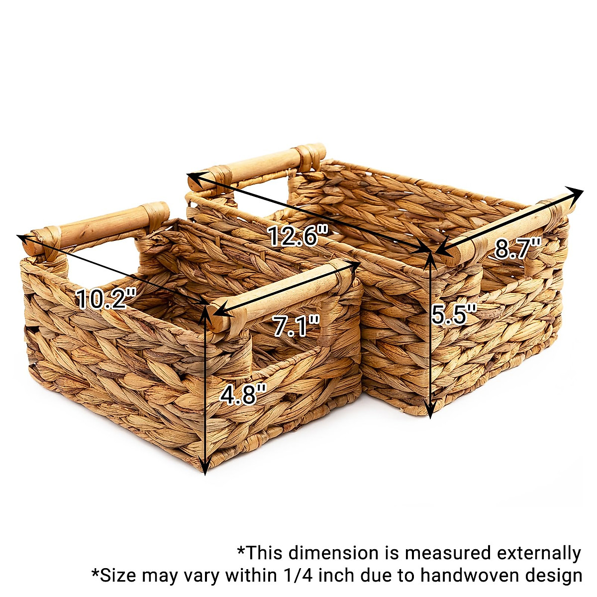 LOHASBEE Wicker Baskets with Handles, Hand Woven Storage Baskets Natural Water Hyacinth Rectangular Large Basket for Organizing Shelves, 2 Packs
