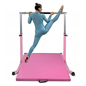 Athletic Bar Expandable Gymnastics Kip Bar Set with Balance Beam, 6'x4' Mat for Kids, Horizontal Bar Junior Gymnastic Training Exercise Gymnast Home Gym Adjustable 3 to 5 FT Fiberglass Rail (Pink)