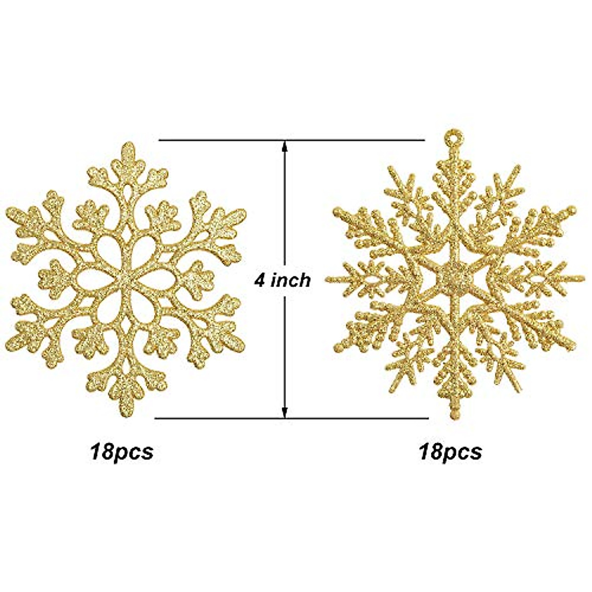 Lvydec 36pcs Christmas Glitter Snowflake Ornaments, Plastic Snowflakes Christmas Tree Decorations for Winter Holiday Party Decor, 4 Inch, Gold