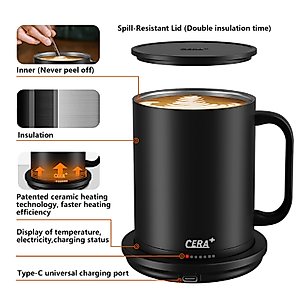 Temperature Control Smart Mug with Lid, 14oz, Self Heating, 1.5-hr Battery Life + Type-C Charging Coaster，APP or Manual Controlled, On/Off Time Preset by APP, Double Layers S.S, Gift-Packing