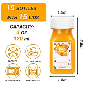 Moretoes 4oz Shot Bottles with Caps, 15pcs Plastic Juice Bottles, Beverage Containers Bulk with Lids for Juicing, Smoothies, Drinking, Fridge