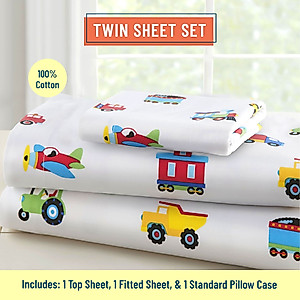 Wildkin Kids 100% Cotton Twin Sheet Set for Boys & Girls, Bedding Set Includes Top Sheet, Fitted Sheet, and One Standard Pillow Case, Bed Sheet Set for Cozy Cuddles (Trains, Planes & Trucks)