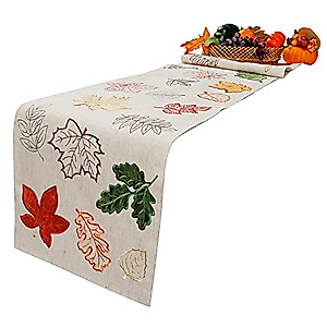 OWENIE Fall Table Runner 70 Inches Long, Embroidered Thanksgiving Table Runner for Fall, Autumn Harvest Farmhouse Linen Table Runner with Colorful Maple Leaves, 13 x 70 inches
