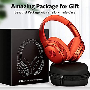 SE7 Dual Feedback Active Noise Cancelling Headphones Bluetooth Headphones Wireless Headphones Over Ear Built-in Microphone Deep Bass, 30 Hours for Travel/Work/TV/Computer/Cellphone -Red