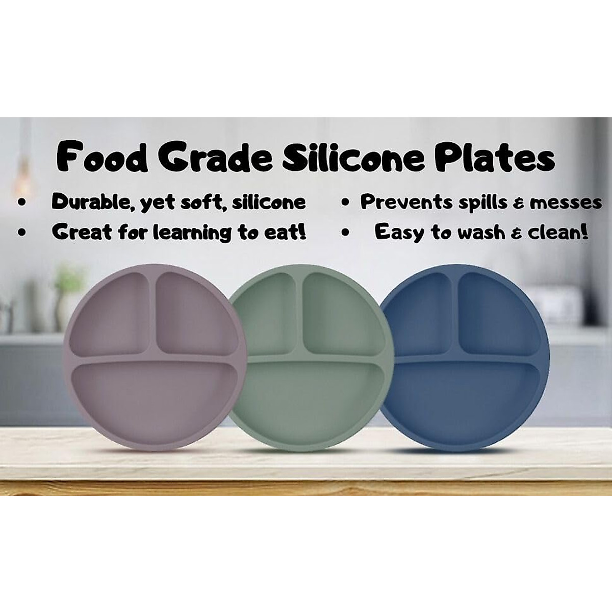 Little Buddies 100% Silicone Suction Dishware Plates for Toddlers and Babies | Dishwasher and Microwave Safe | 3 Pack | Blue, Gray, Green