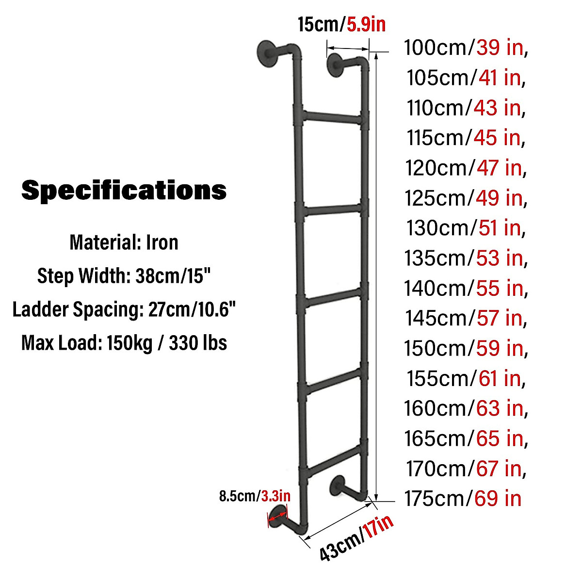ZSPINJIA Ladders for Egress Basement Window Well Covers Outside,Small Escape Ladder for Fire Emergency Home Safety,Wrought Iron Loft Ladder for High Bed