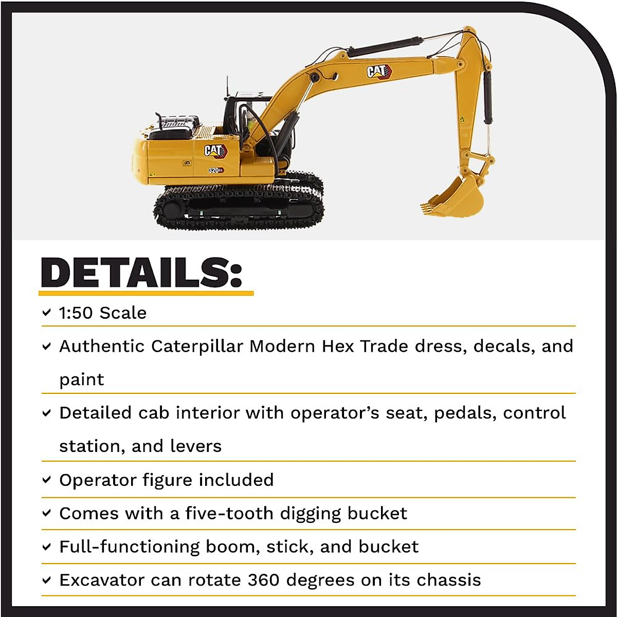 Diecast Masters 1:50 Caterpillar 320 GX Hydraulic Excavator | High Line Series Cat Trucks & Construction Equipment | 1:50 Scale Model Diecast Collectible Model 85674