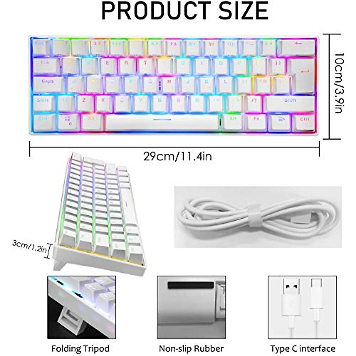 ZIYOU LANG MK21 Portable 60% Mechanical Gaming Keyboard Untra-Compact Type-c Wired with Light Up Chroma LED Backlit Non-Conflict 61 Key TKL Ergonomic for PS4 PS5 PC Mac Windows(White/Red Switch)