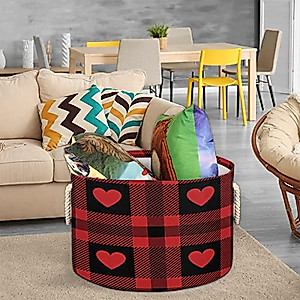 Red Check Plaid Valentine's Day Large Round Baskets for Storage Laundry Baskets with Handles Blanket Storage Basket for Bathroom Shelves Bins for Organizing Nursery Hamper Girl Boy
